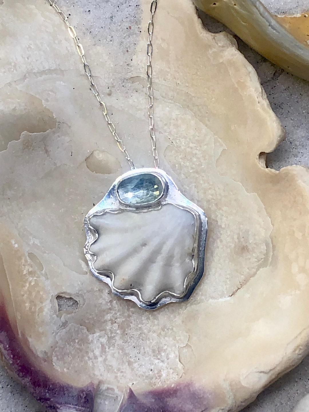Women’s Sea Shell Necklace ~ Kitten Paw Shell With Aquamarine ...