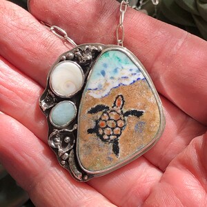 Vitreous Enamel ~ Sea Turtle Necklace With Larimar and Operculum Shell ...