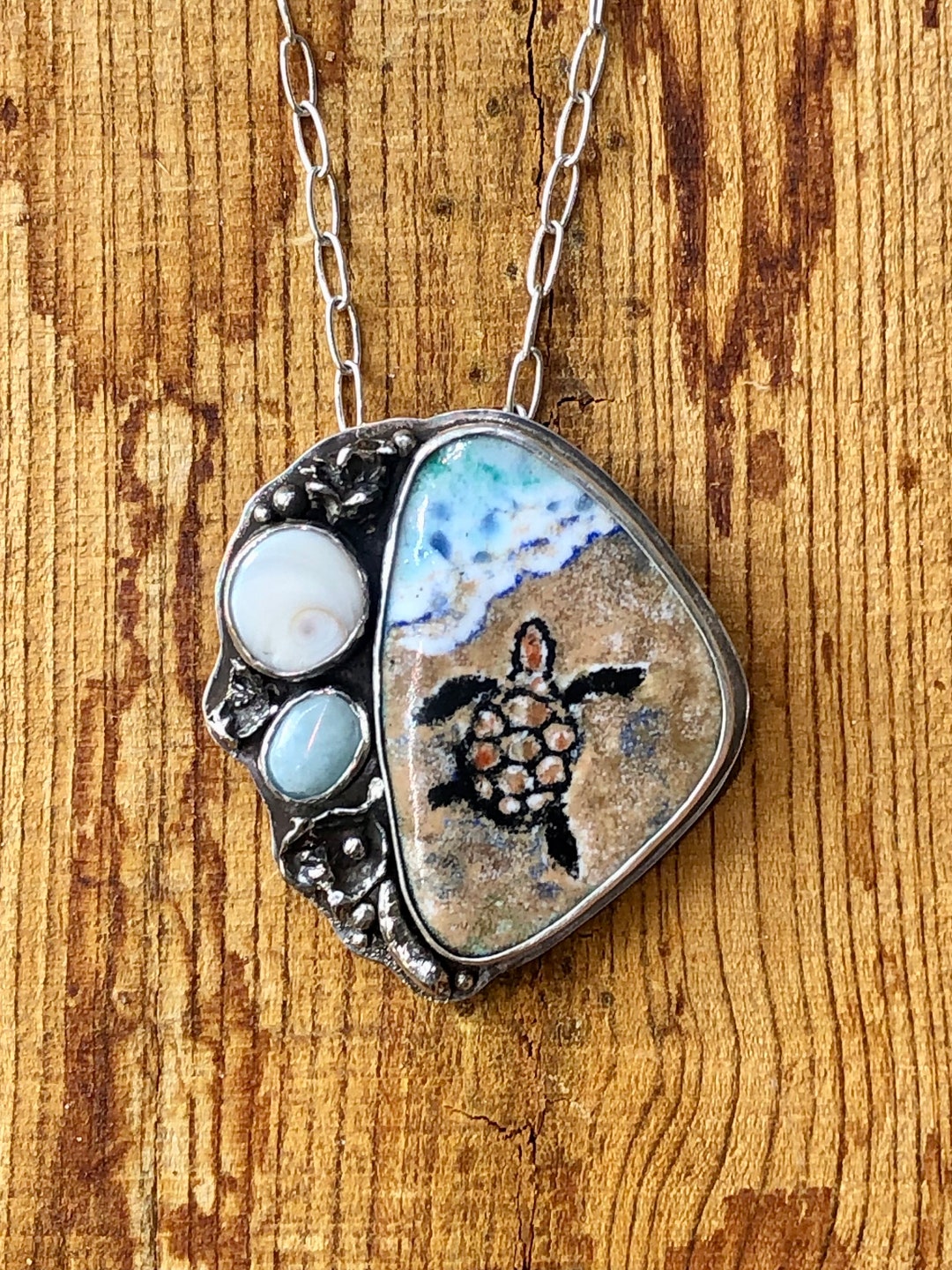 Vitreous Enamel ~ Sea Turtle Necklace With Larimar and Operculum Shell ...