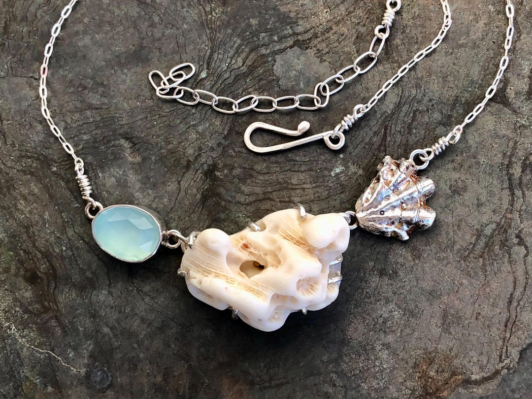 Chalcedony and White Coral With Cast Sea Shell ~ Sterling Silver ...