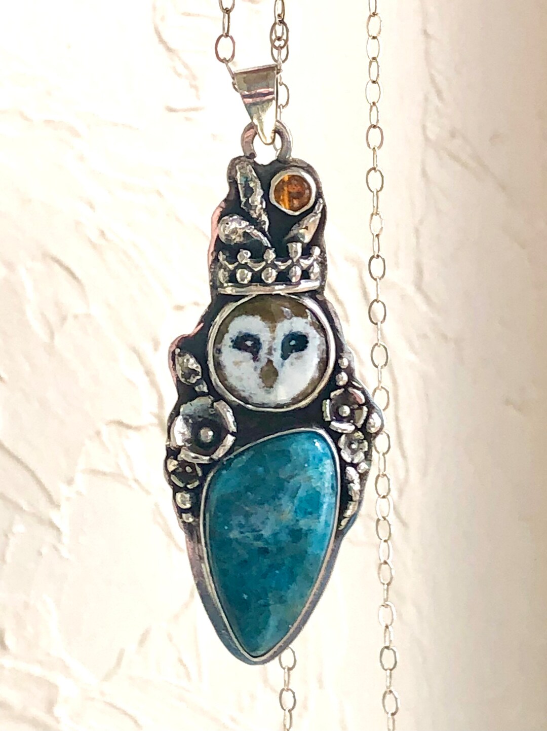 Barn Owl Necklace With Apatite and Vitreous Enamel, Handmade in ...