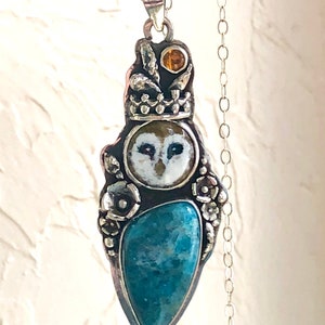 Barn Owl Necklace With Apatite and Vitreous Enamel, Handmade in ...
