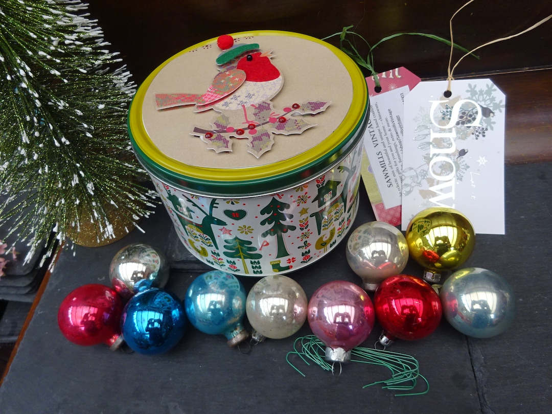 TIN of 10 VINTAGE Glass BAUBLES, Czech - in Christmas Tin With Gift ...