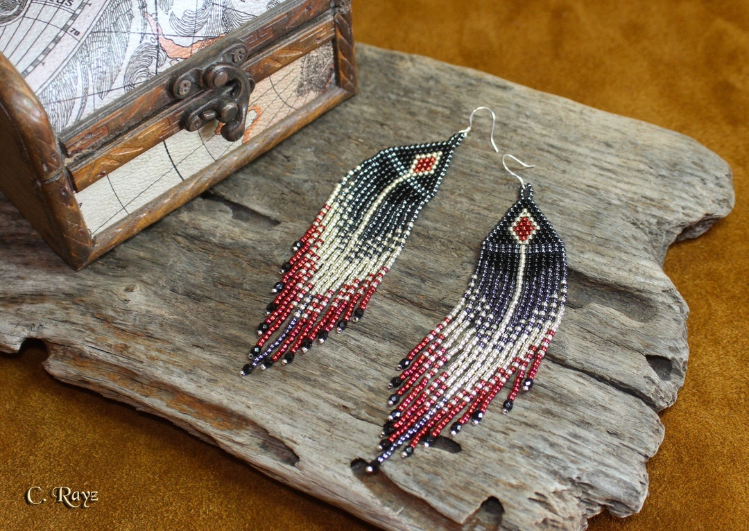 Native American Style Southwest Seed Beaded Fringe Dangle Earrings Gun ...