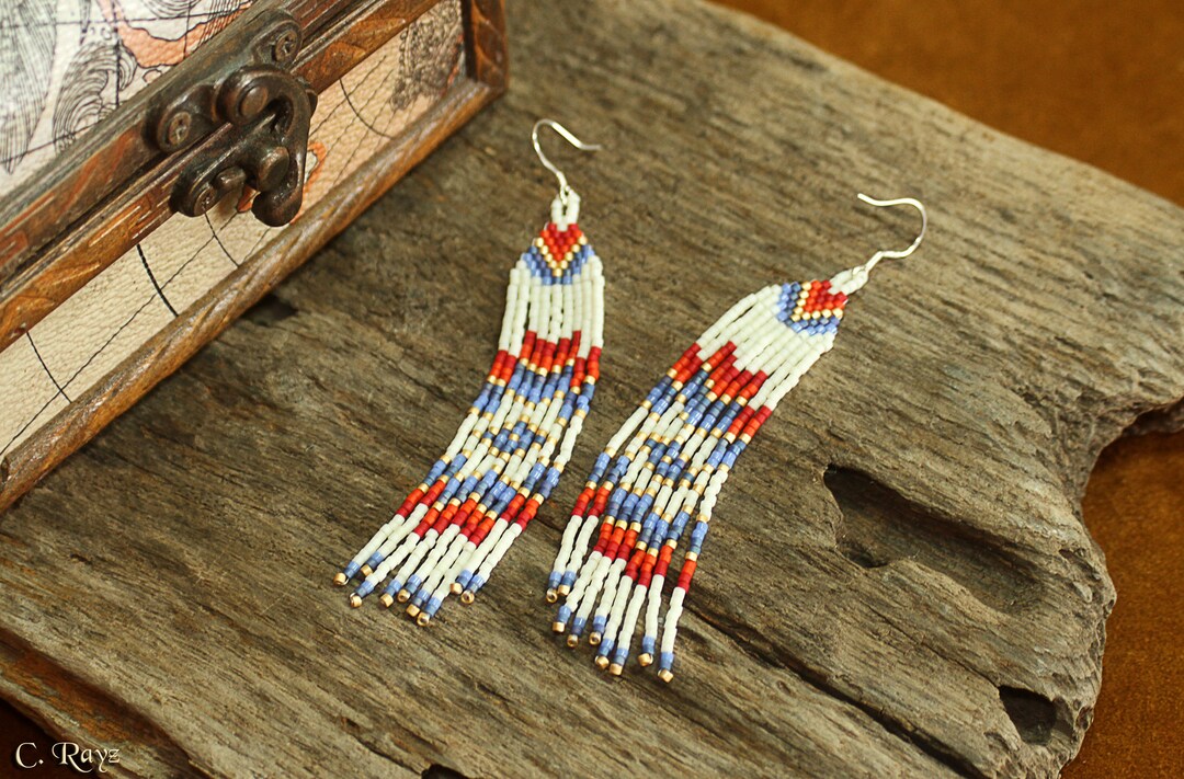 Native American Style South Western Seed Beaded Fringe Dangle Earrings ...