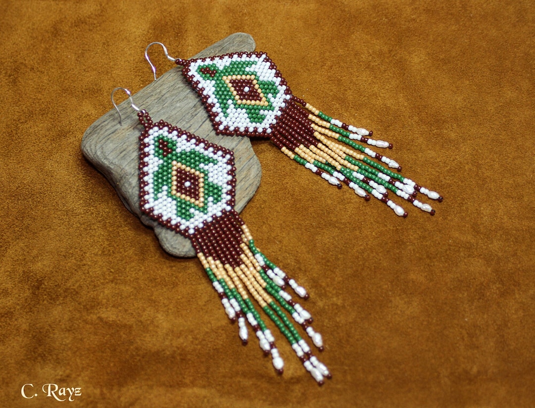 Long Native American Style Sea Turtle Seed Beaded Fringe Earrings ...