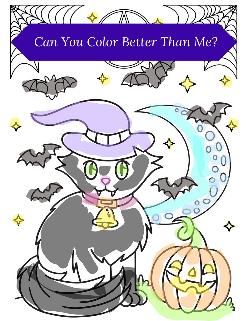 Witch Cat Halloween Coloring Page - Etsy