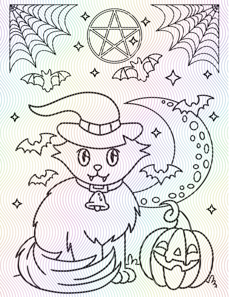 Witch Cat Halloween Coloring Page - Etsy