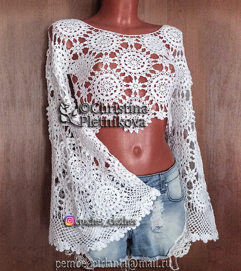 Crop Top Bell Long Sleeve Boho Lace Crochet Honeymoon Wedding Etsy