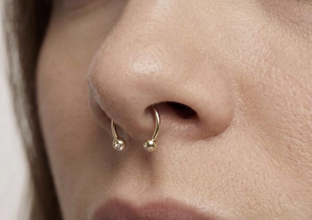 10K Solid Gold CZ Horseshoe Septum Ring | 16G 8mm Circular Nose Barbell ...