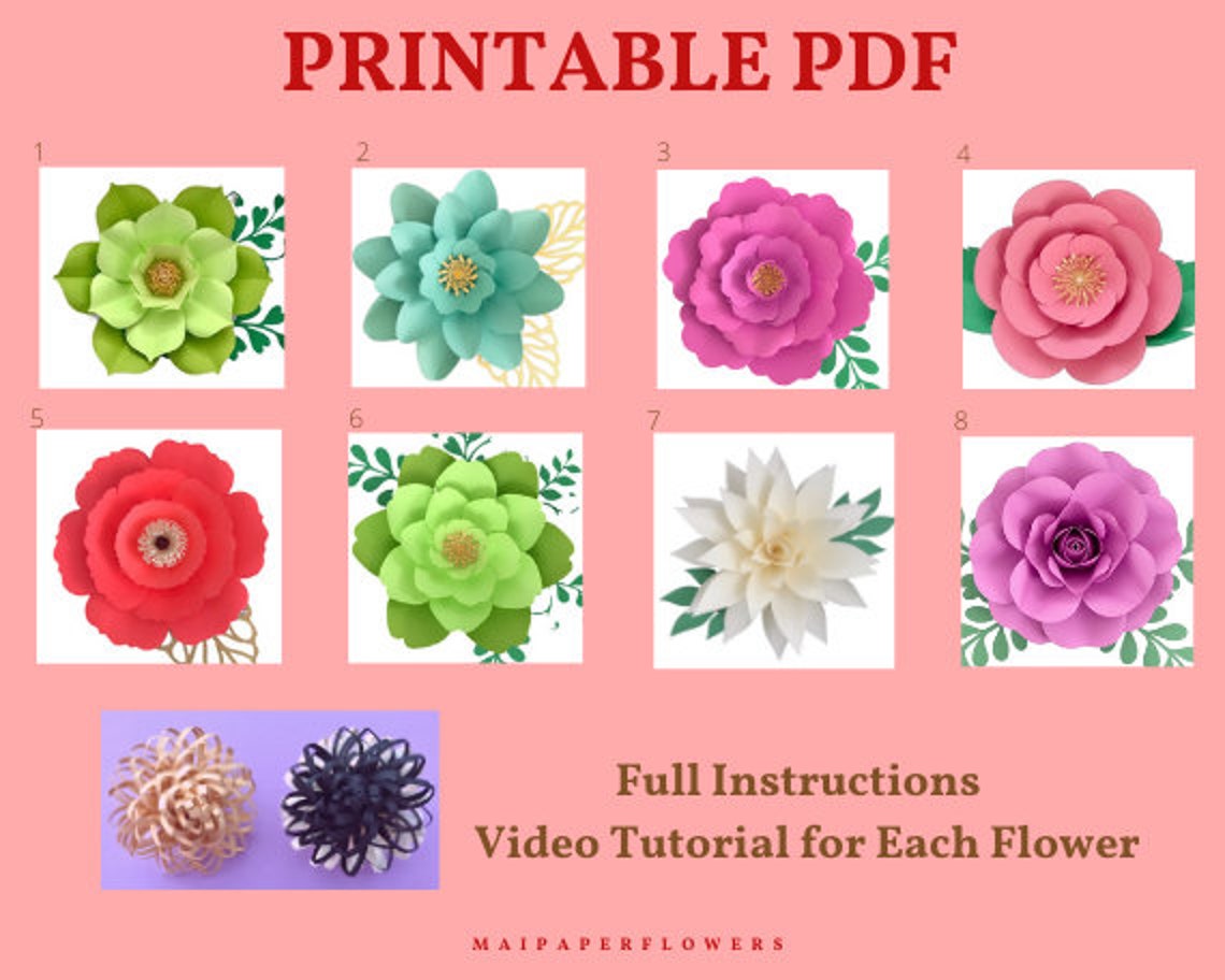 Digital Paper Flower Template PDF Set of 8 Large Paper Flowers | Etsy