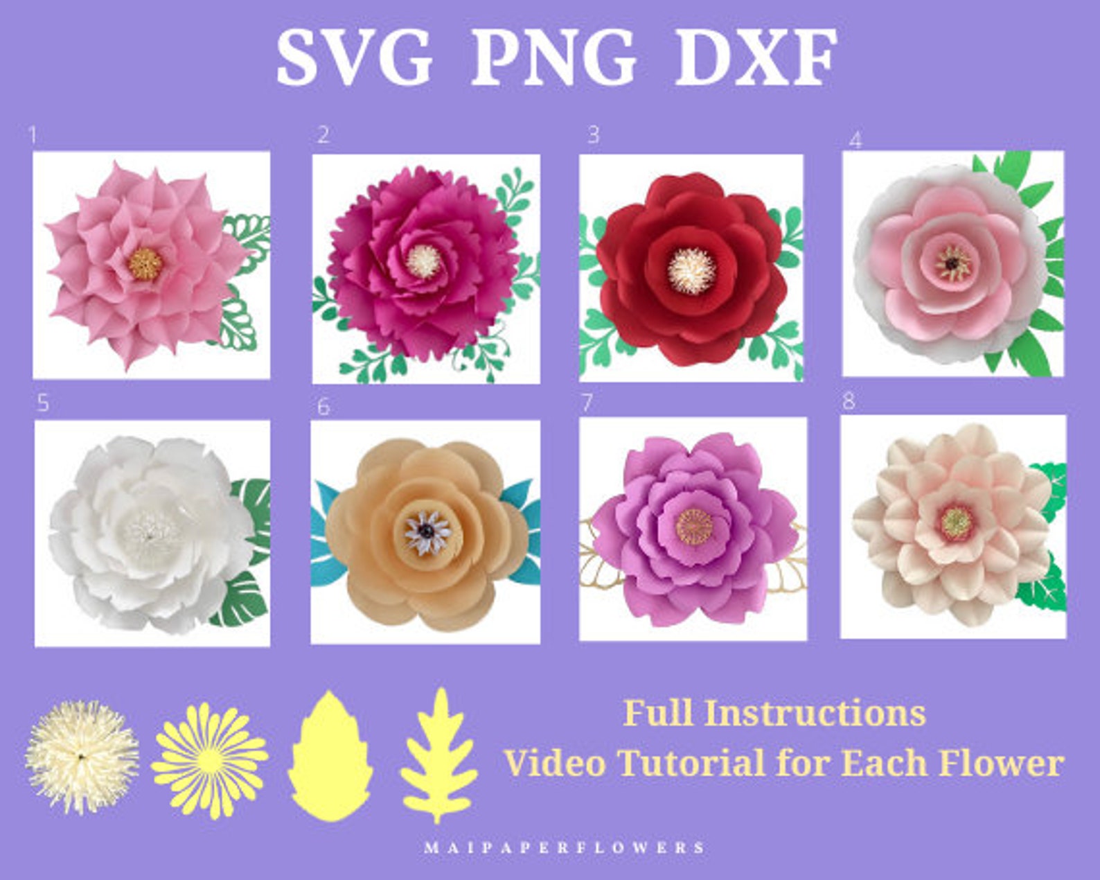 Digital Paper Flower Template SVG PNG DXF Leave Center Combo | Etsy