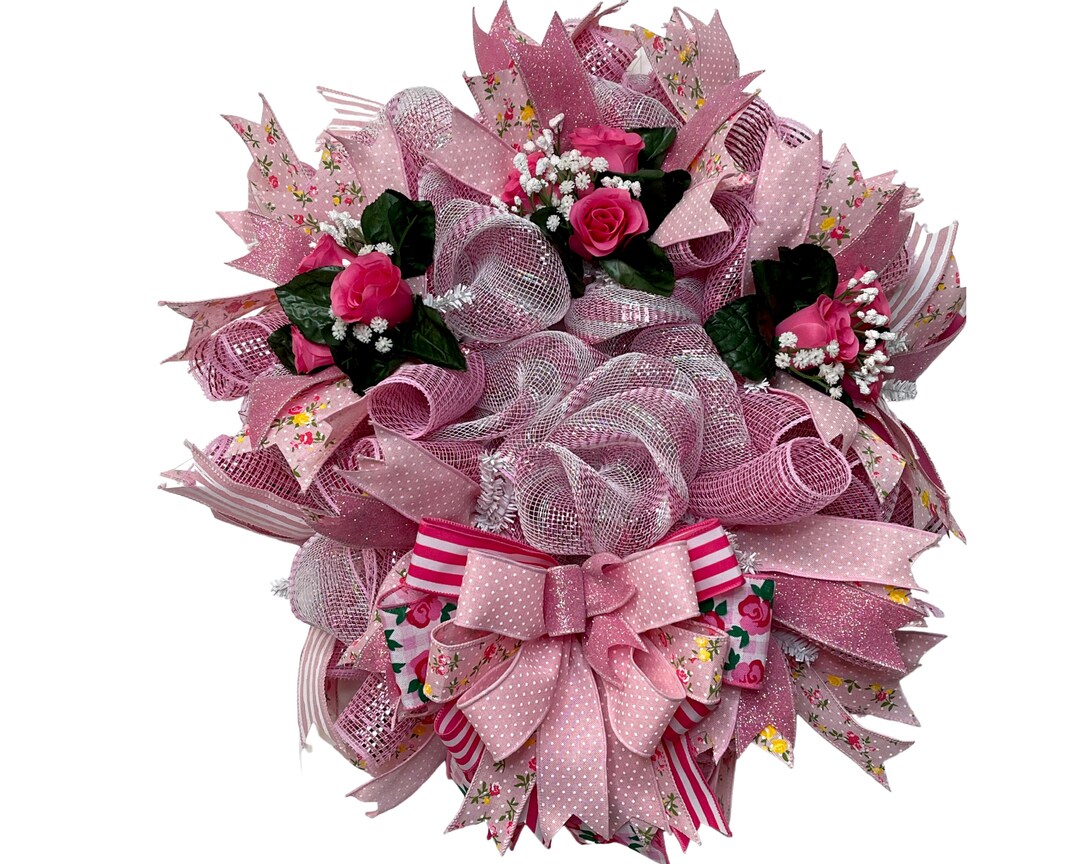 Pink Roses Deco Mesh Wreath,pink Roses Decor,front Door Wreath,spring ...