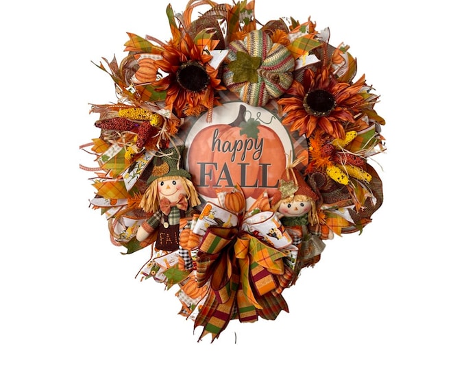 Happy Fall Deco Mesh Wreath With Lights, Scarecrow Wreath,fall Decor ...