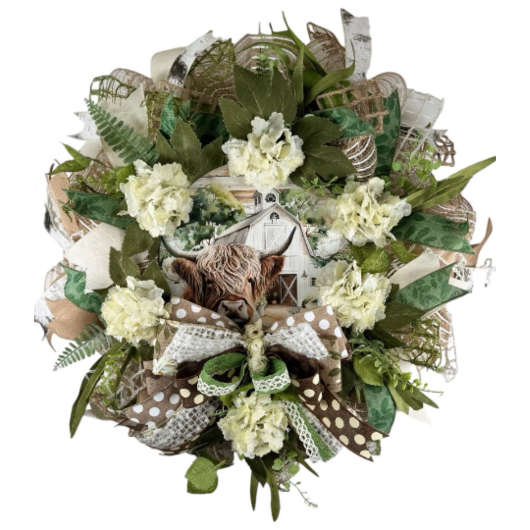 Cow Mesh Wreath,highland Cow Decor,scottish Cow Wreath,spring Wreath ...