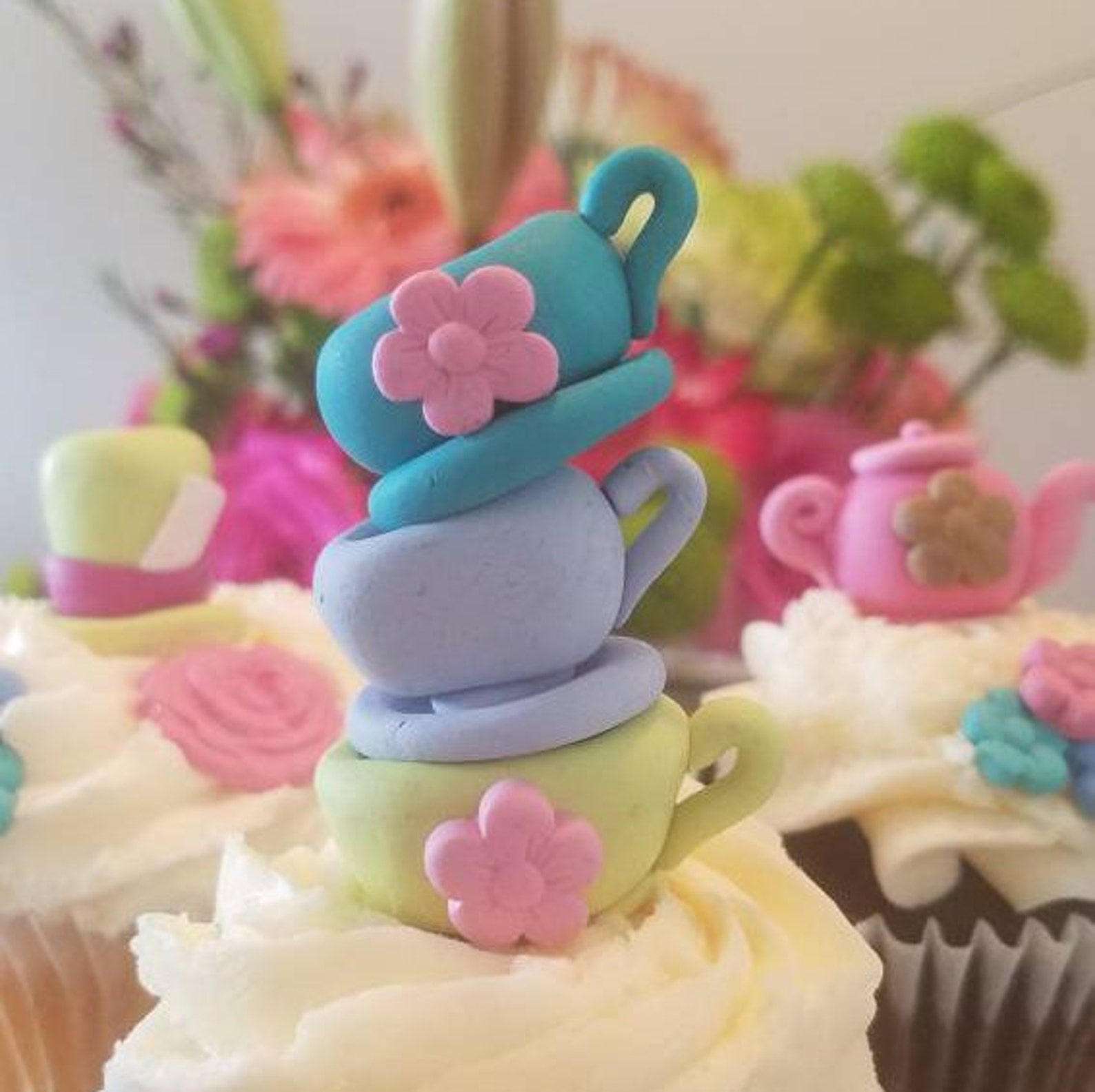 Tea Party Cupcake Toppers, Cake Toppers - Set of 8 Includes Tea Pots ...