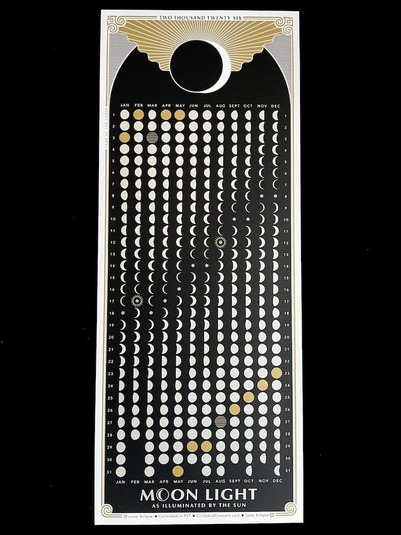 2026 Moon Phase Calendar PRE-ORDER- Black, Silver & Gold: - Etsy