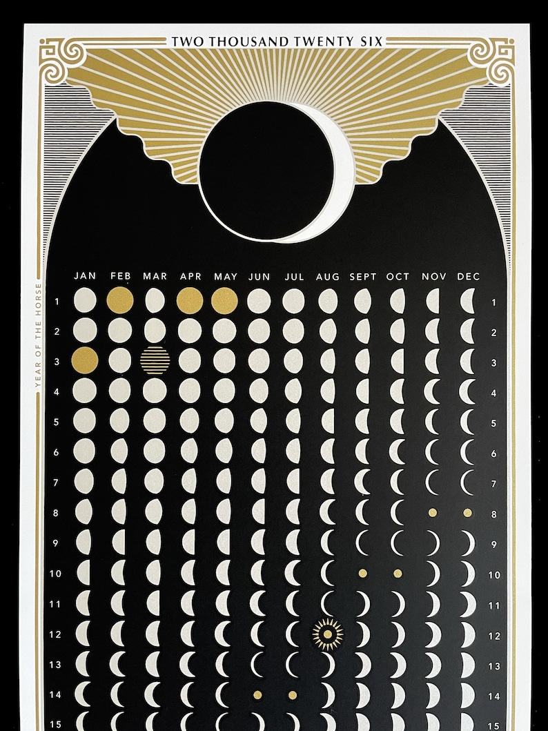 2026 Moon Phase Calendar- Black, Silver & Gold: - Etsy