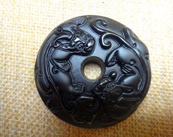 Natural obsidian pi yao amulet | Etsy