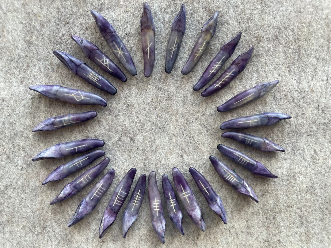 Ogham Runes, With 5 Forfeda (set 25), Moose Bone Dyed With Blueberries ...