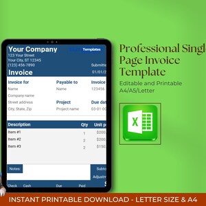 Single Page Invoice Template | Editable Excel Invoice Template for ...