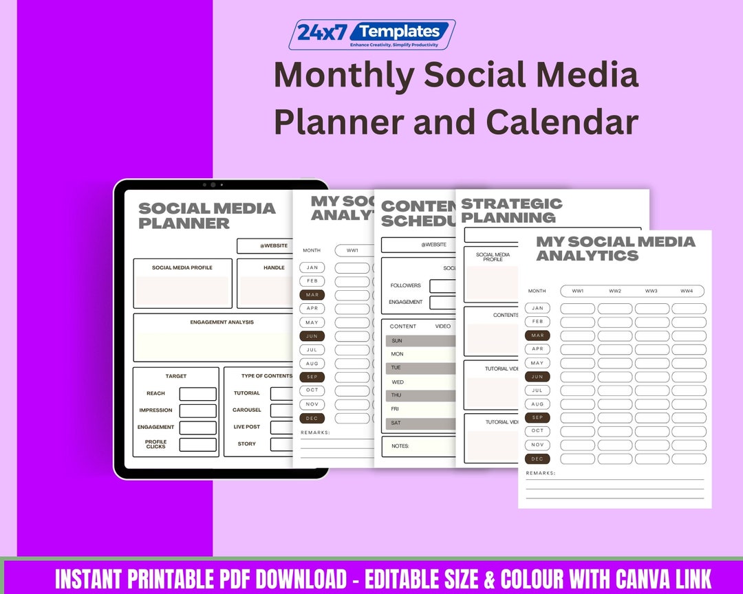 Social Media Planner and Calendar | Printable Monthly Content Planner ...