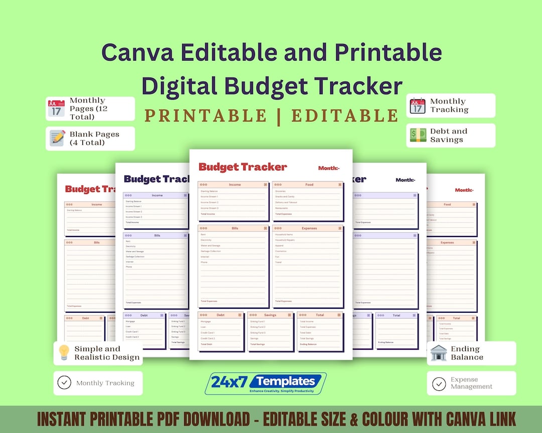 Canva Editable Budget Tracker | Digital Printable Finance Planner ...