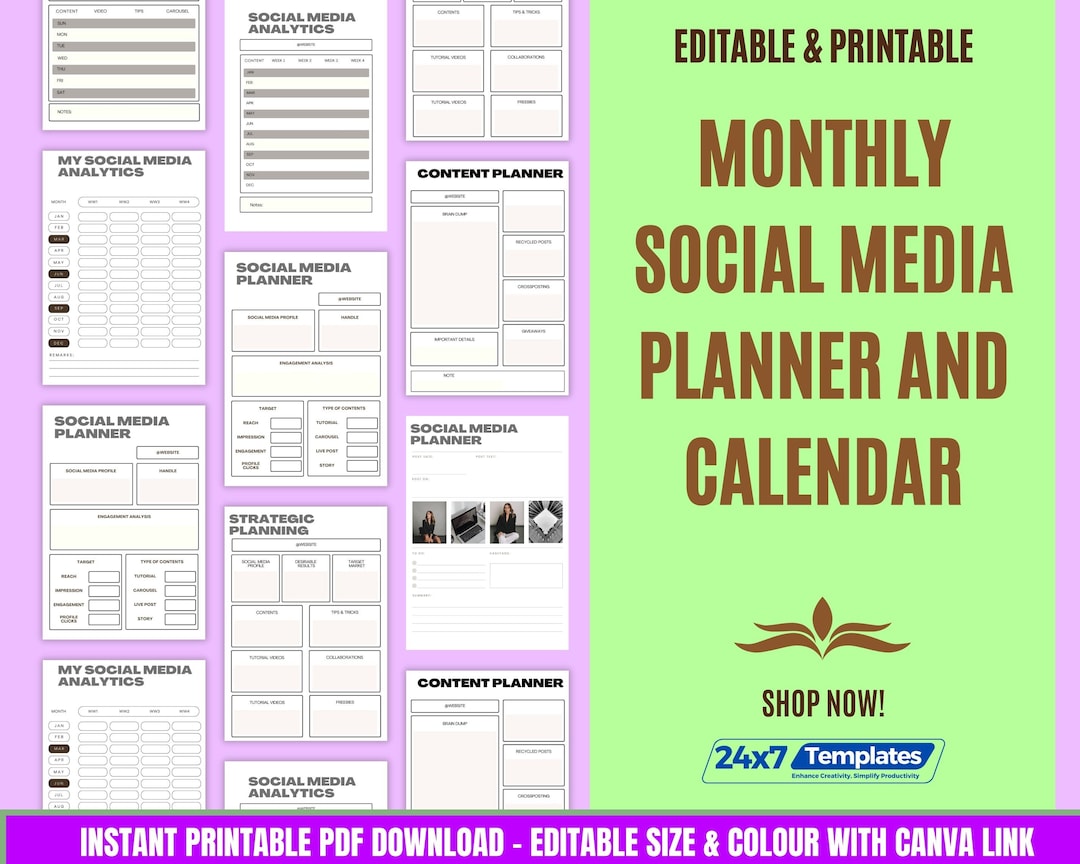 Editable Printable Social Media Planner and Calendar Monthly Content ...