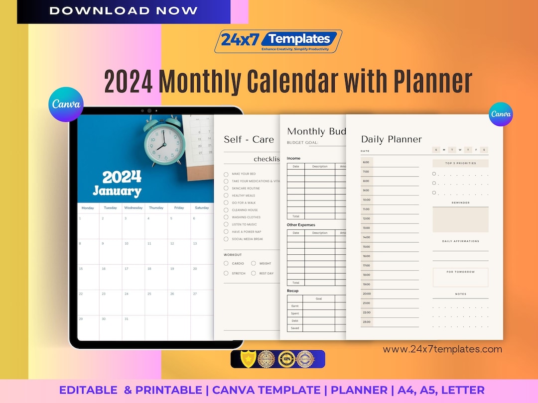 2024 Monthly Planner With Calendar | Printable & Editable Digital ...