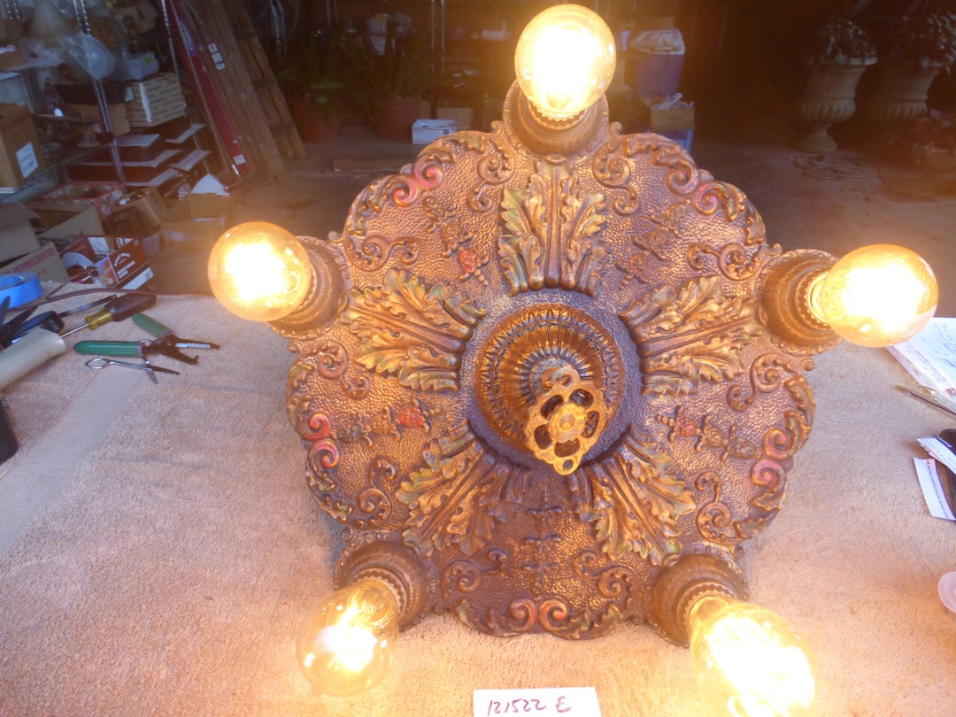 Vintage Antique Victorian Cast Iron Polychrome Pendant Light Fixture ...