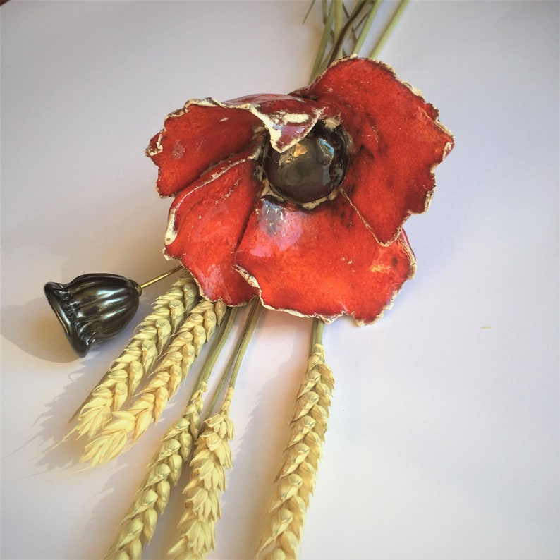 Red Poppy ceramic flower arrangement in vase special forever | Etsy