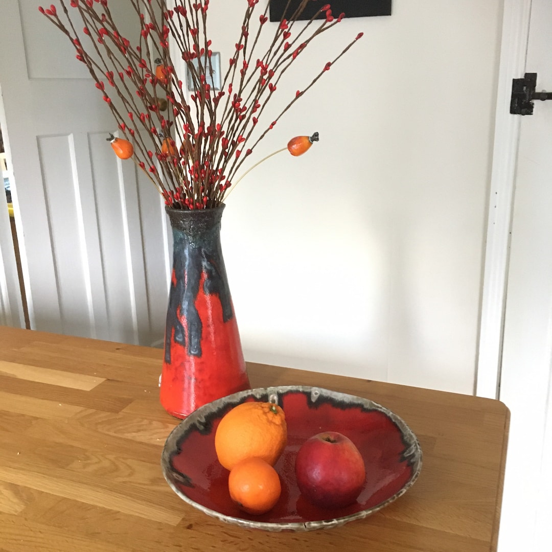 Red Retro Vase - Mid Century Modern Design Ceramic Tubular Shaped Pot ...