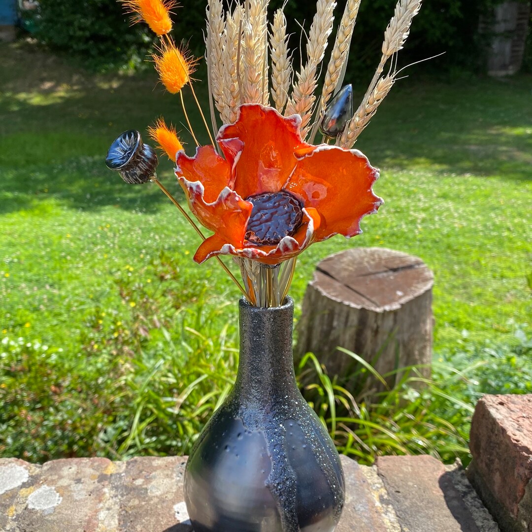 Poppy Flower + Vase Gift - Orange Ceramic Poppy Arrangement for Mothers ...