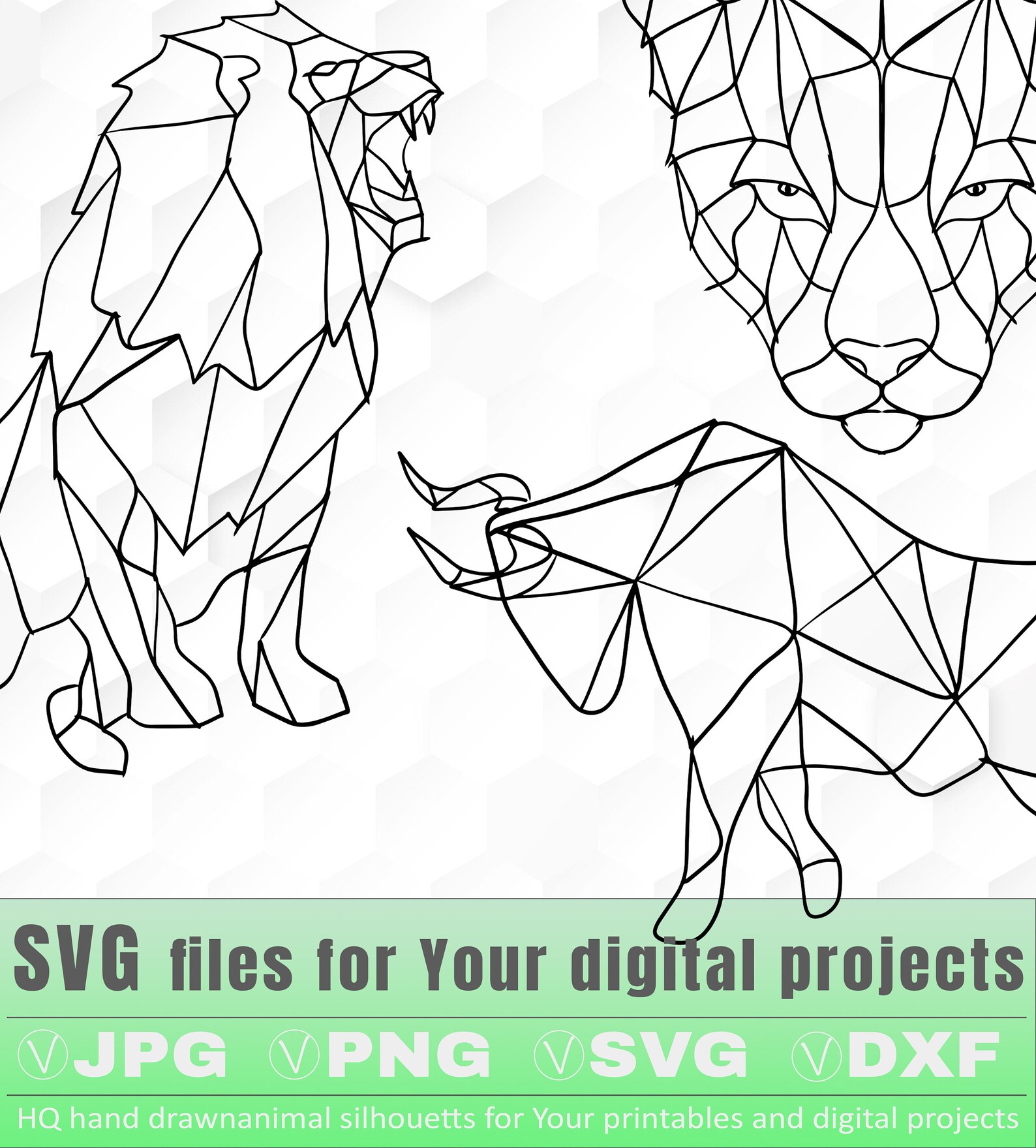 Bundle of 10 Animal Line Art Coloring Png; Jpg; Eps; Pdf; Dxf (lion ...