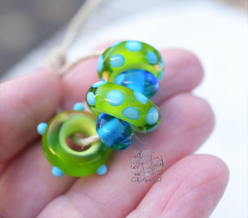 Lampwork Glass Donut Bead Set, Artisan Glass Beads, Green Blue Focal ...