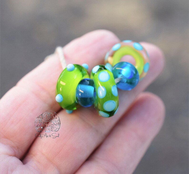 Lampwork Glass Donut Bead Set, Artisan Glass Beads, Green Blue Focal ...