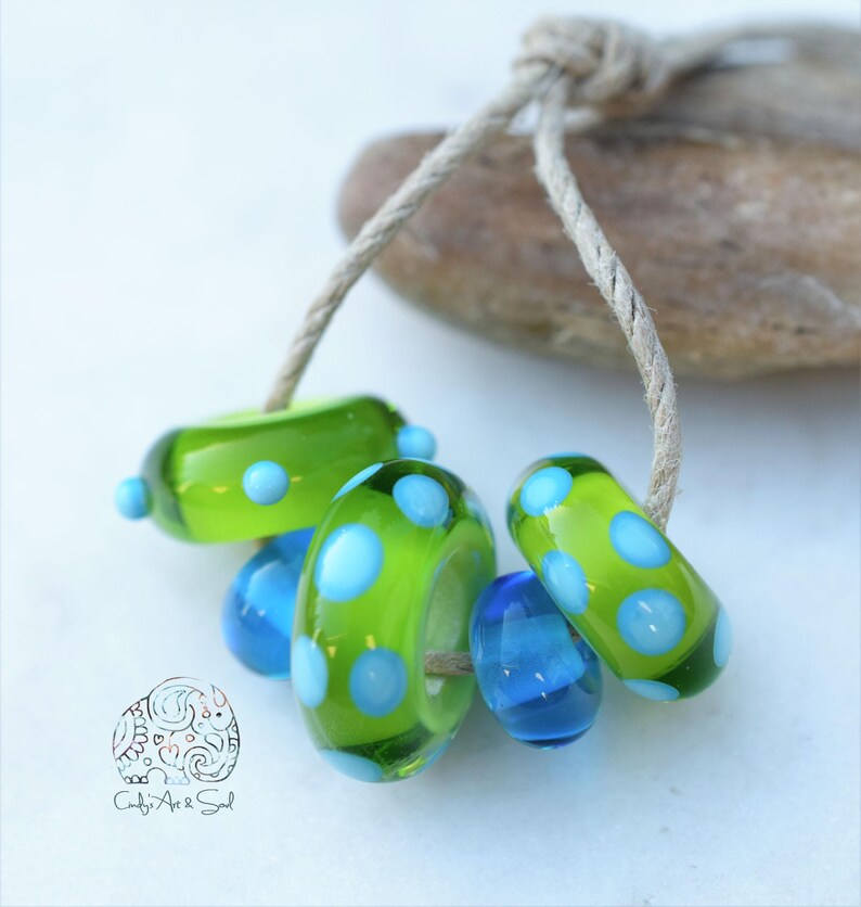 Lampwork Glass Donut Bead Set, Artisan Glass Beads, Green Blue Focal ...