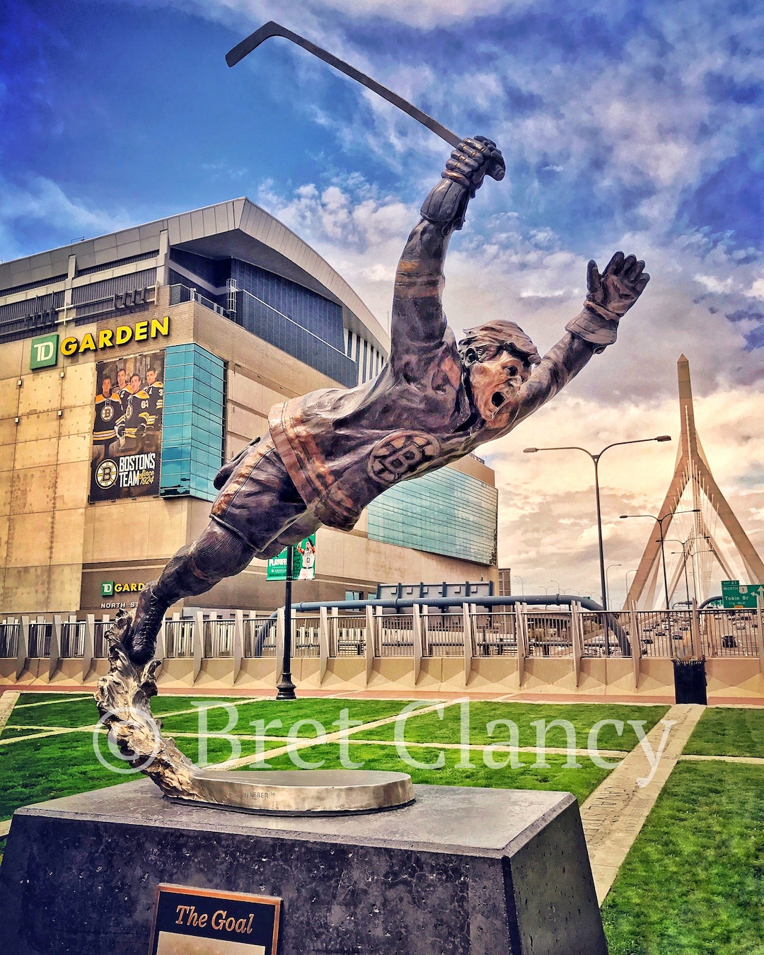 Boston Bruins Bobby Orr "the Goal" Statue With Boston Garden & Zakim Bridge - Most Famous Moment ...