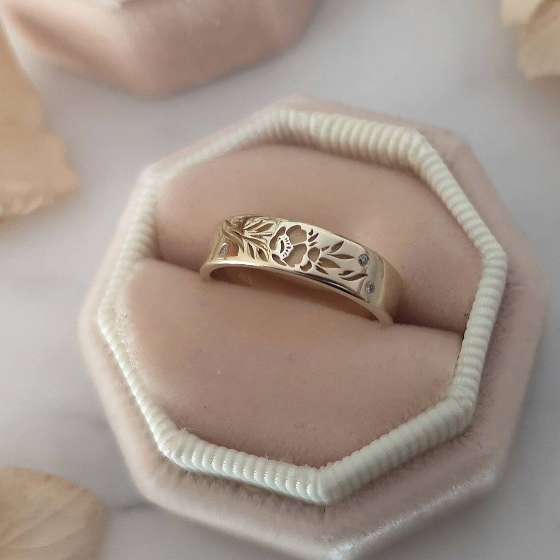 Floral Wedding Band 14k Gold Vintage Style Flower Wedding - Etsy