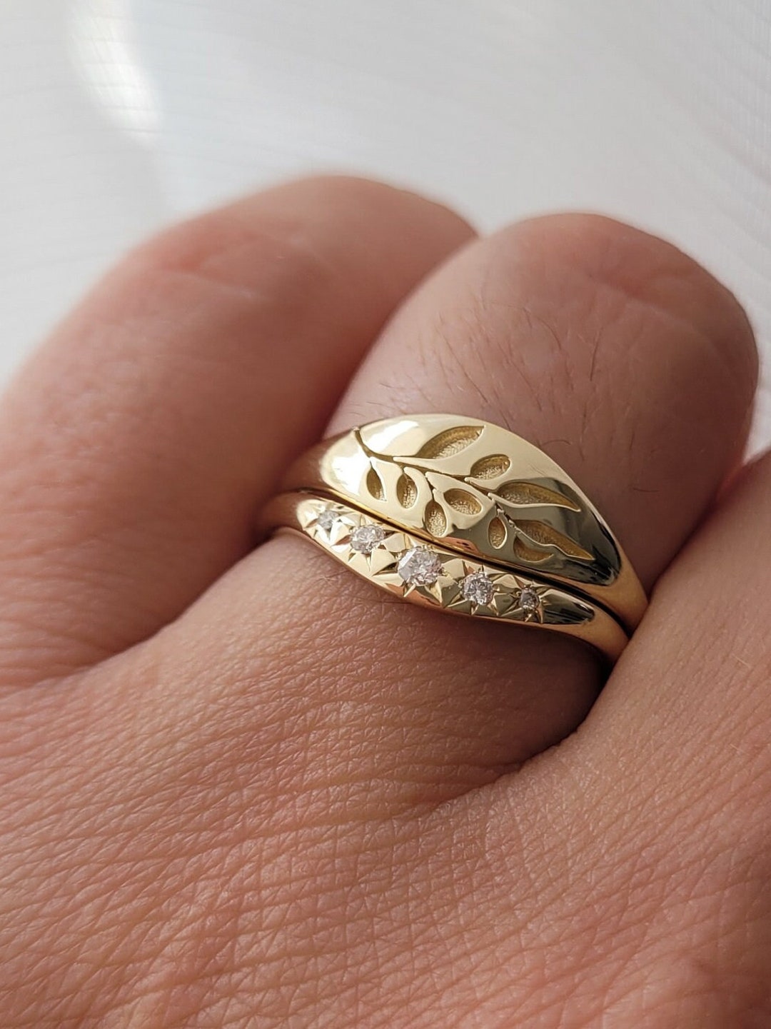 Olive Branch Signet Ring Set, Vintage Style Botanic Ring for Women ...