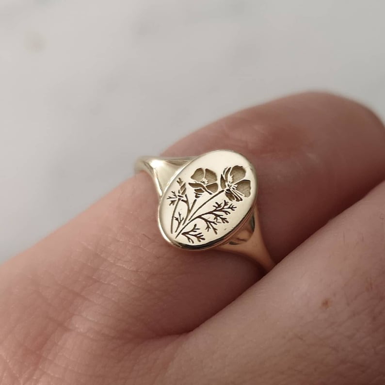 Poppy Ring, 14k Gold California Poppy Signet, Birth Flower Ring, Mother ...