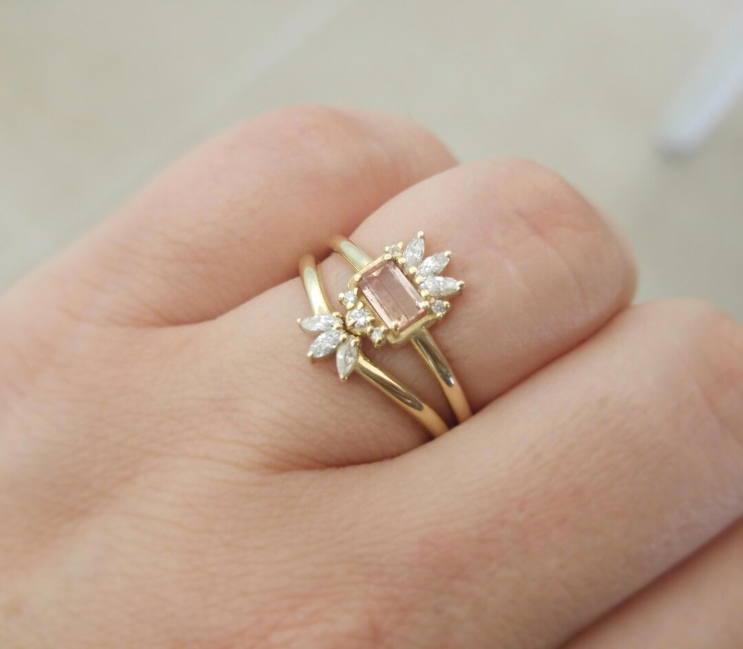 Topaz Engagement Ring Set, Unique Imperial Topaz Ring, Emerald Cut Ring ...