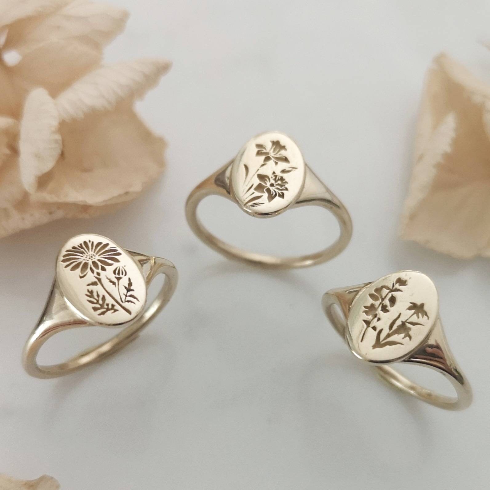 Wildflowers signet ring 14k gold floral signet birth flower | Etsy
