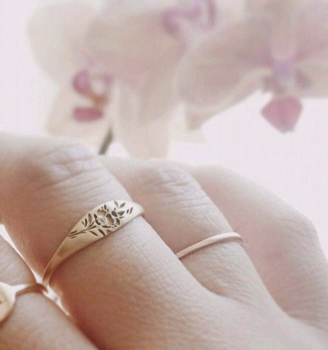 Flower Signet Ring 14k Gold Floral Wedding Band Flower - Etsy