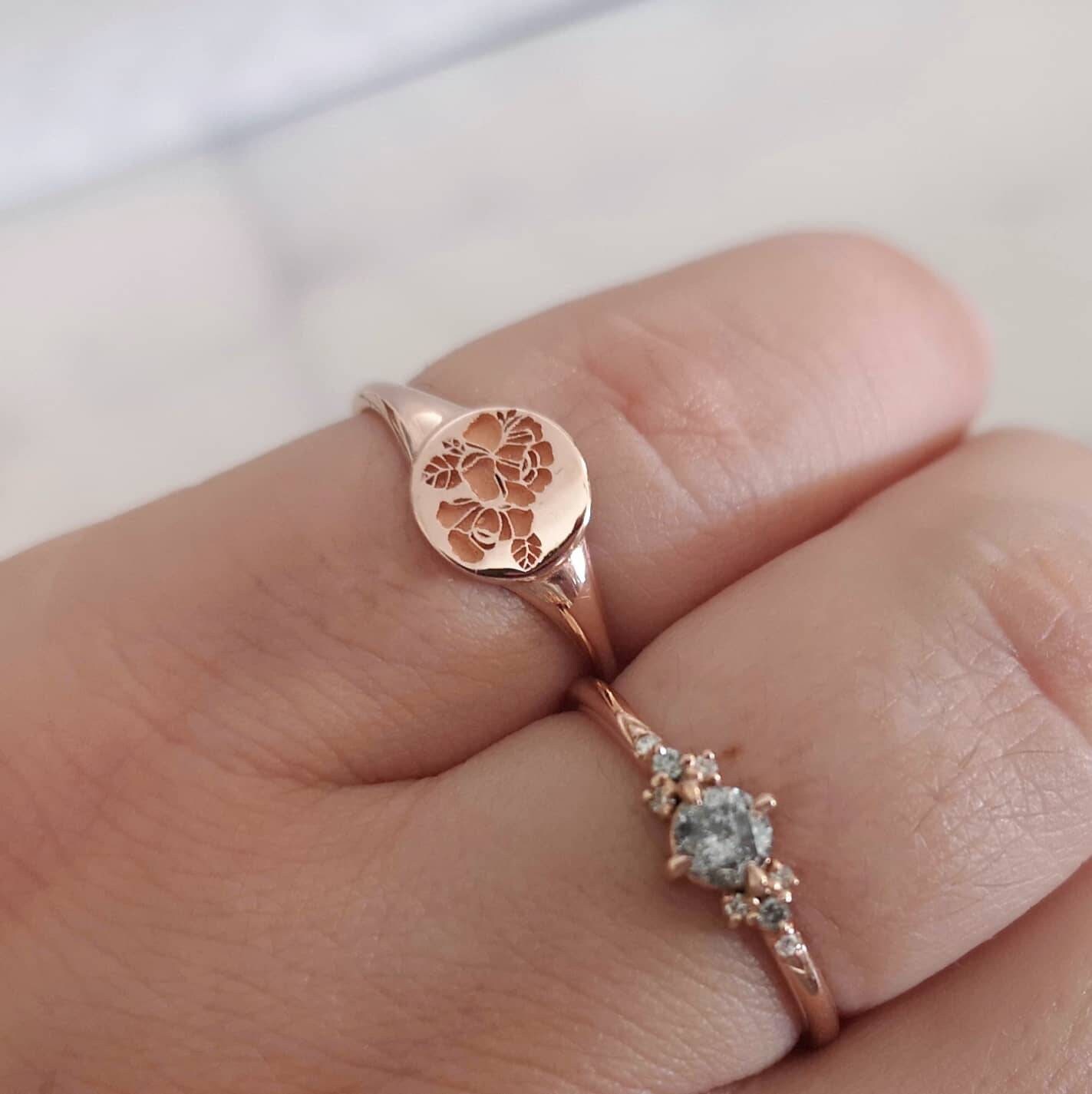 Rose Signet Ring Flower Signet Ring 14k Gold Rose Signet | Etsy