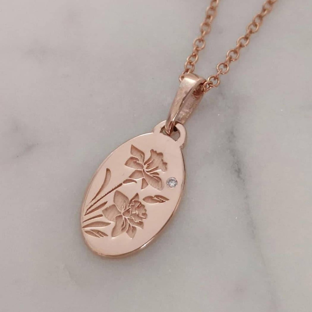 Daffodil Flower Necklace, Vintage Style Oval Pendant, Personalized ...