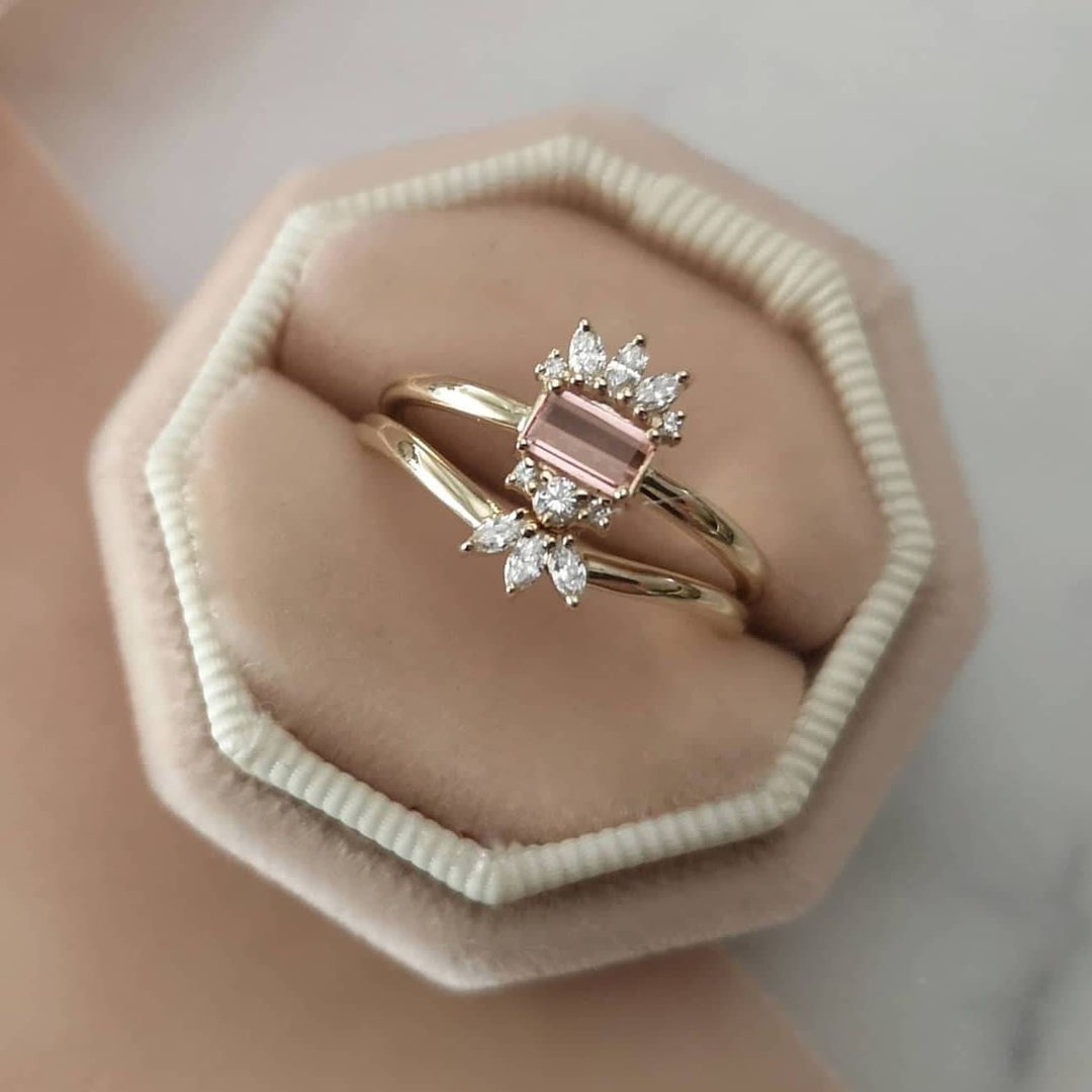 Topaz Engagement Ring Set, Unique Imperial Topaz Ring, Emerald Cut Ring ...