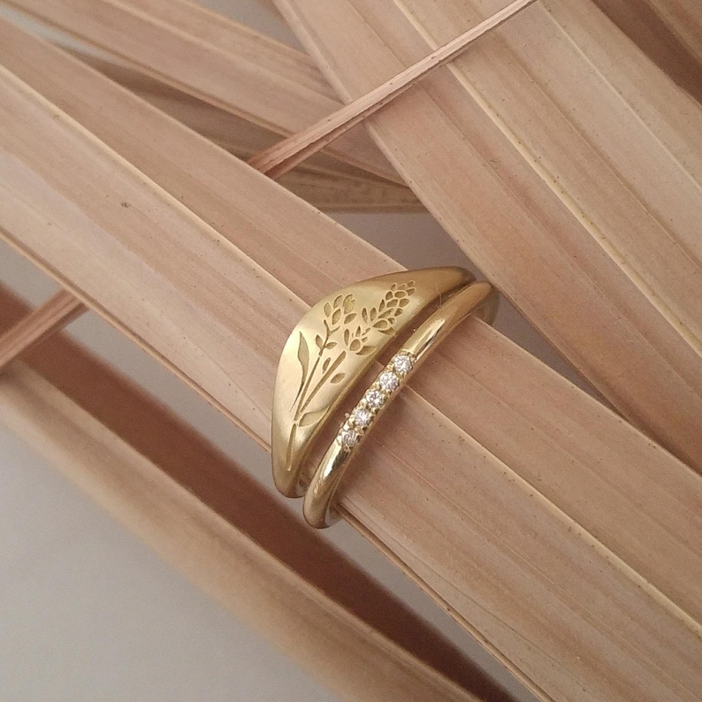 Gold Flower Signet Ring 14k Gold Lavender Flower Ring Flower - Etsy