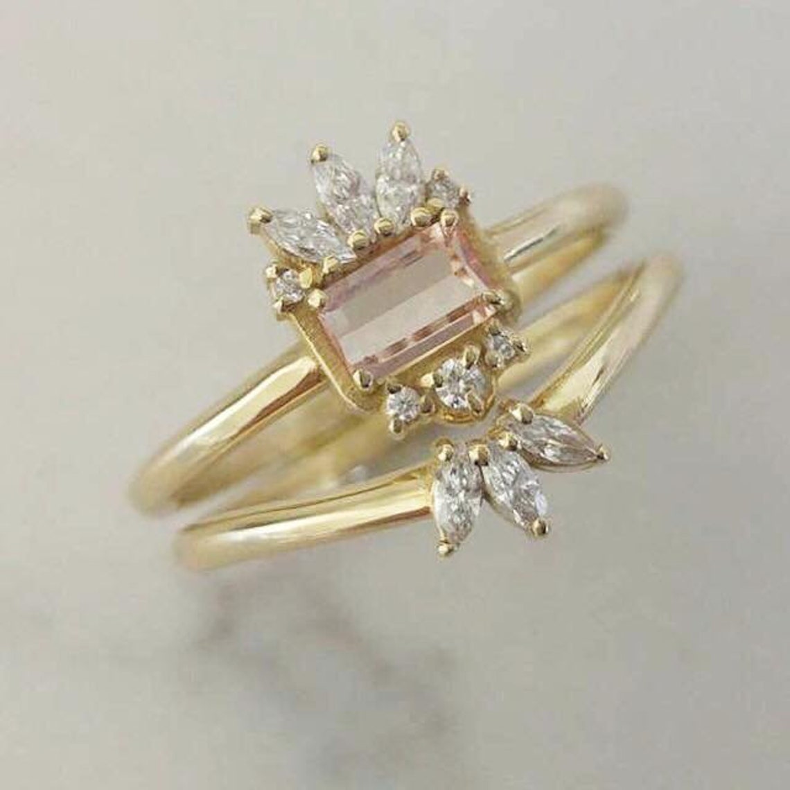 Topaz Engagement Ring Set, Unique Imperial Topaz Ring, Emerald Cut Ring ...