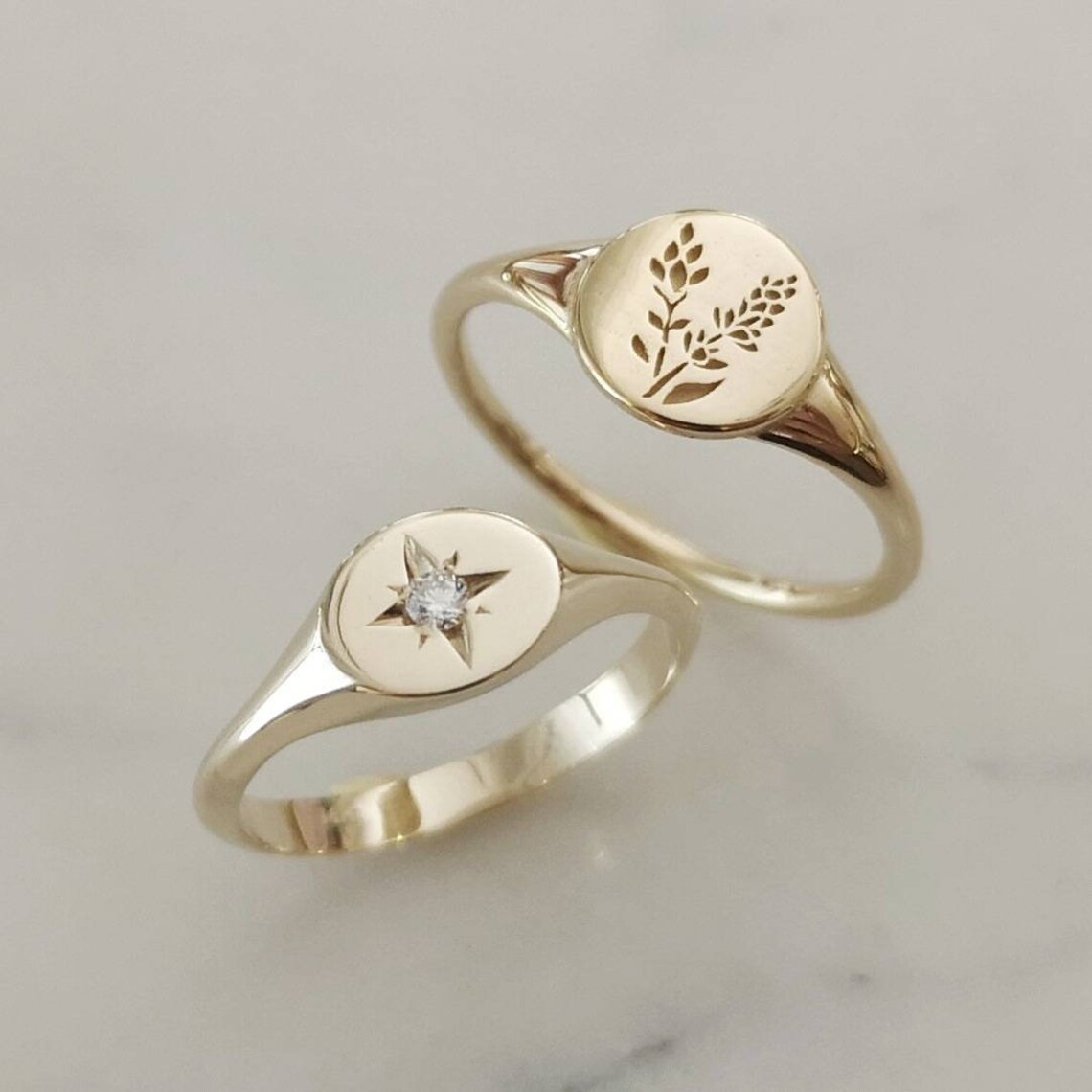 Lavender Signet Ring, Flower Signet Ring, 14k Gold Botanic Signet Ring ...